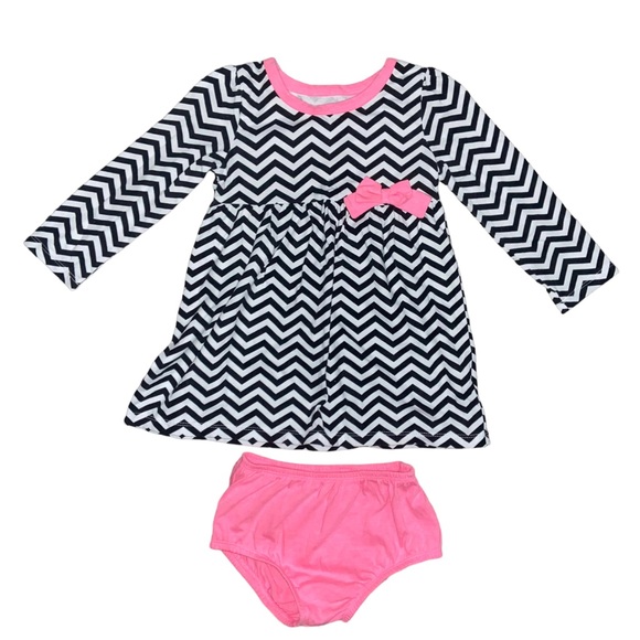 healthtex | Dresses | Healthtex Girls Size 24m Black White Chevron Pink Bow Long Sleeve Dress ...